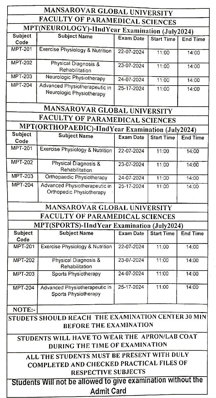 MGU - Mansarovar Global University Paramedical Exam Date Sheet Jul ...